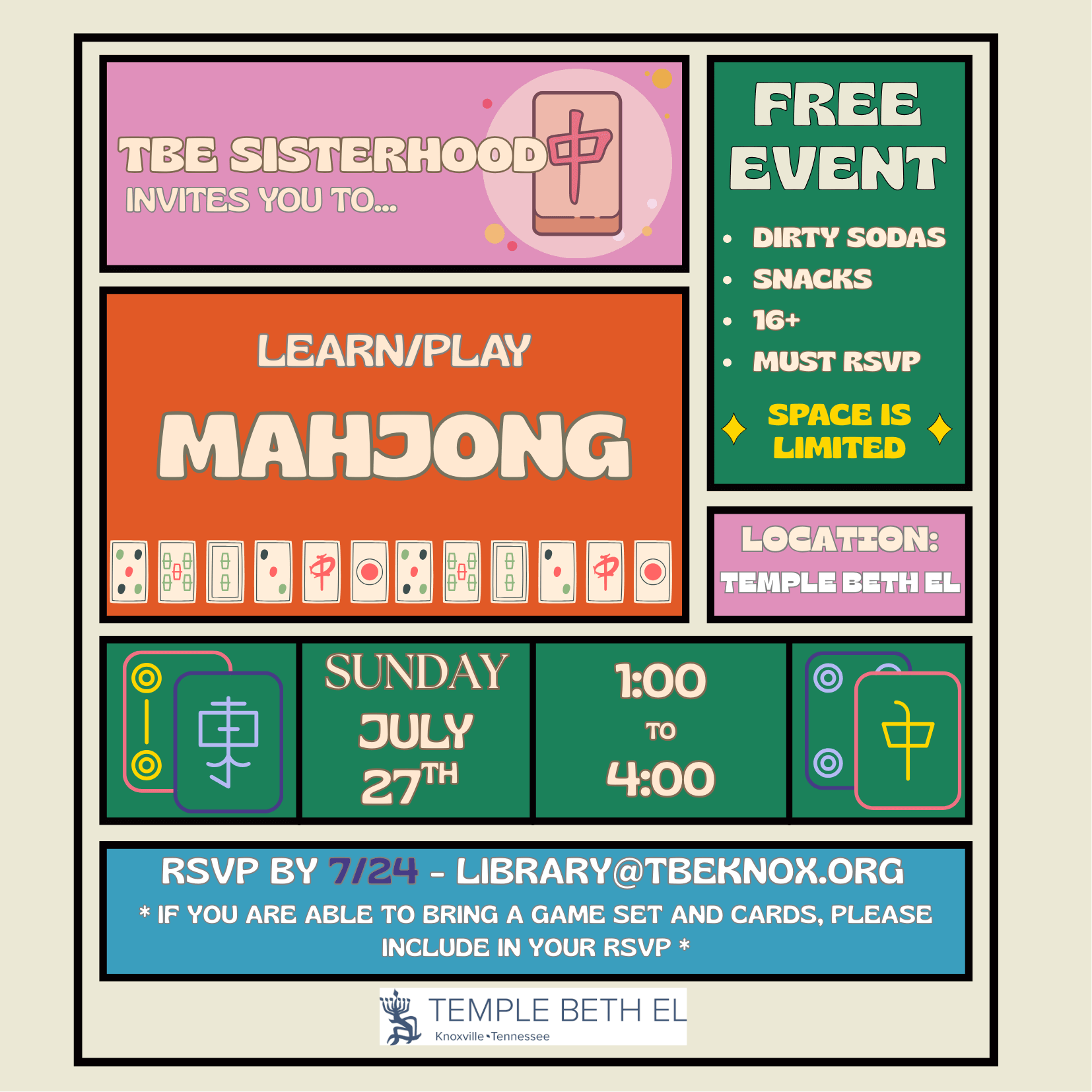 Sisterhood Learn/Play MahJong - Temple Beth El Knoxville